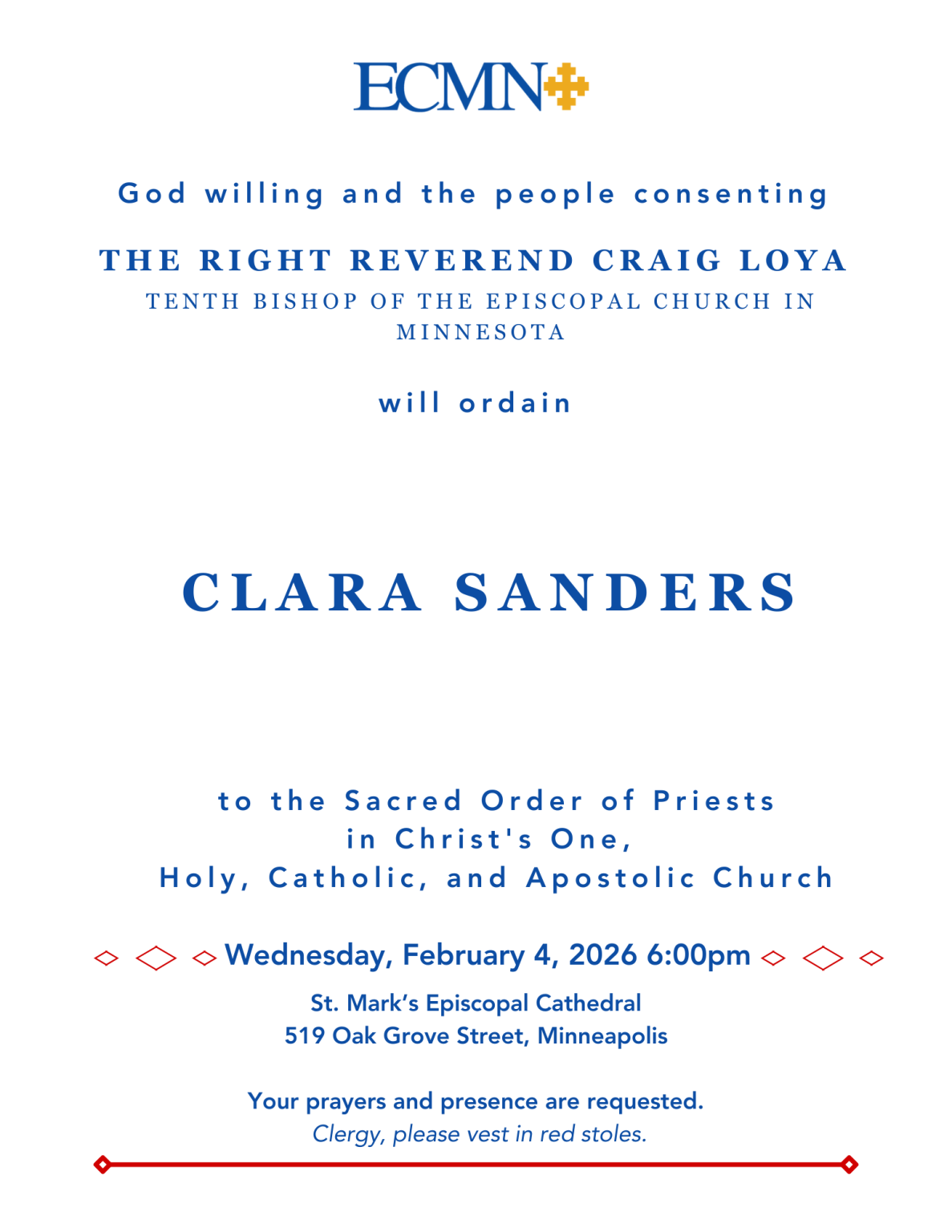 Ordination of Clara Sanders ~ February 4 @ 6:00 PM - St. Mark's ...